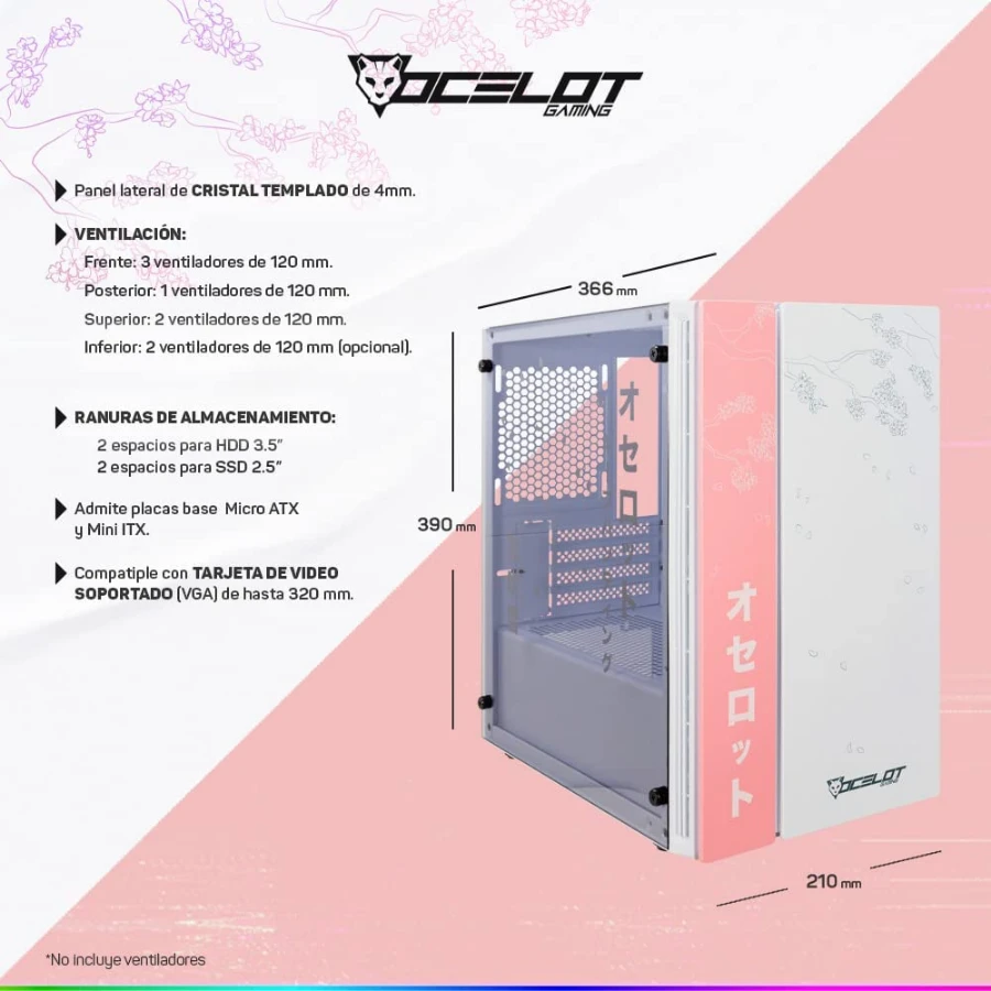Gabinete Gamer OCELOT OC-HANAMI / Micro ATX / Cristal templado / No incluye Ventiladores / Usb 3 ...
