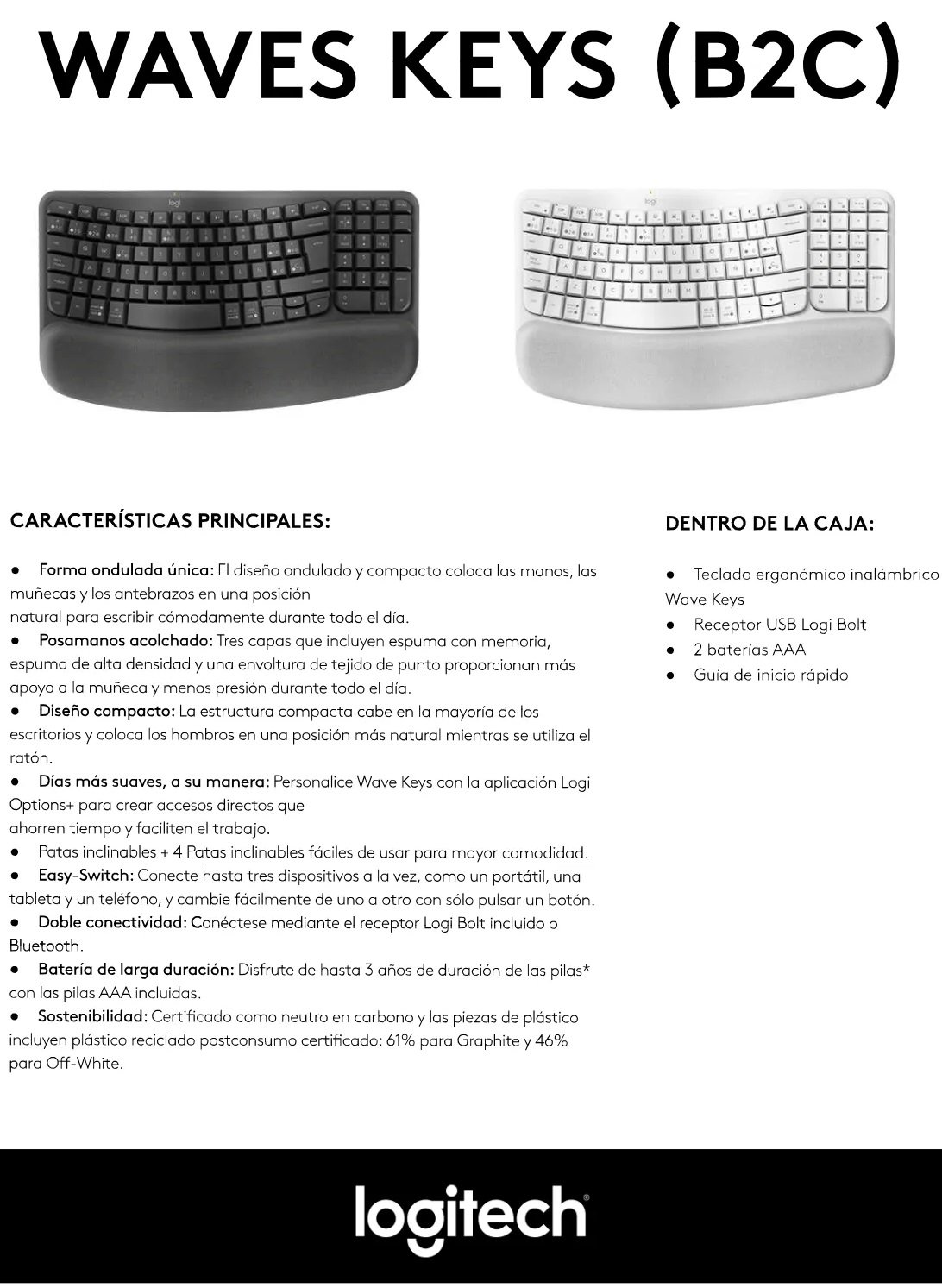 Teclado Ergonómico LOGITECH WAVE KEYS / Inalámbrico / Receptor USB ...