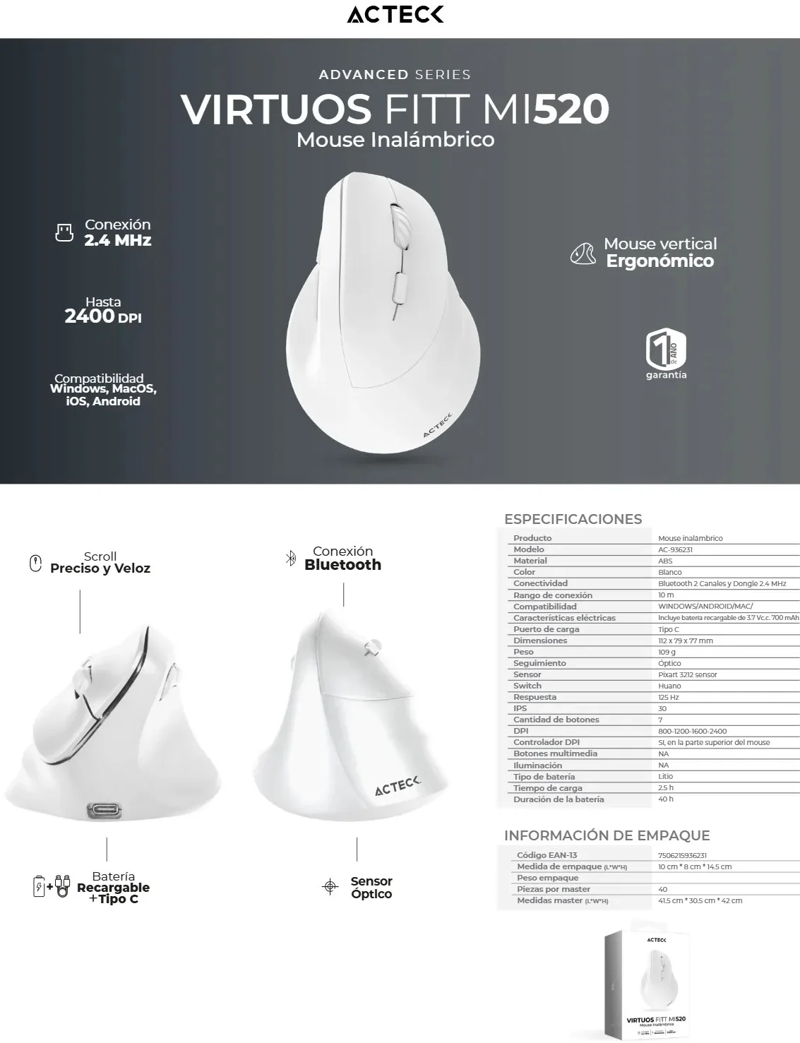 Mouse Ergonómico Vertical ACTECK VIRTUOS FITT MI520 / Inalámbrico ...