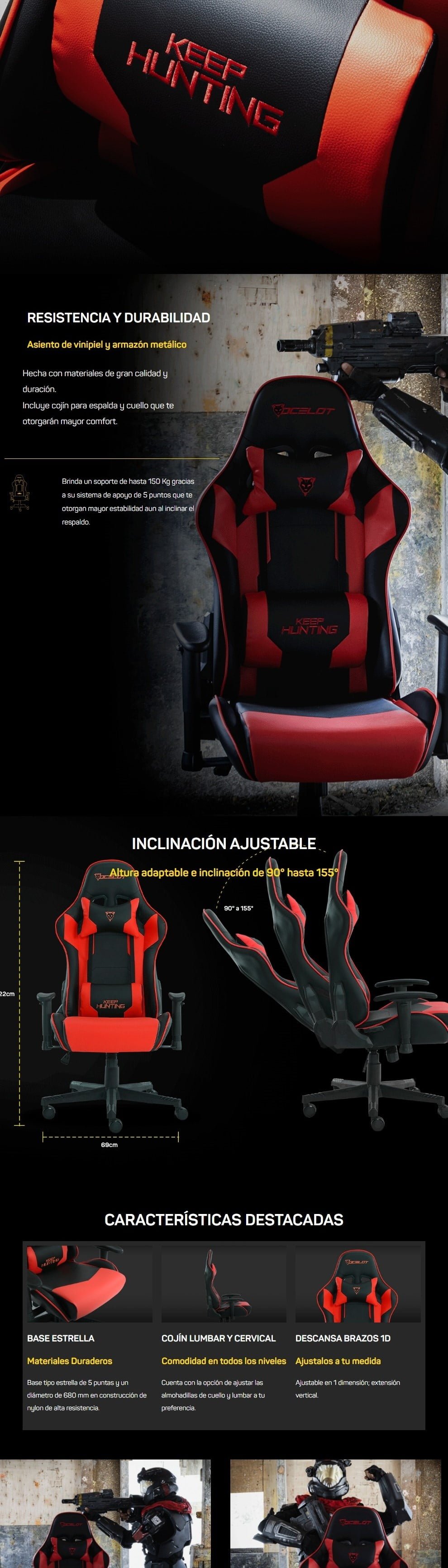 Silla Gamer OCELOT OSRED-07 / Descansa Brazos 1D Ajustables ...