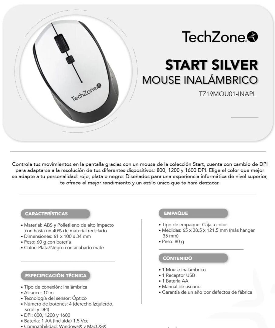 Mouse TECHZONE START SILVER / Inalámbrico / Receptor USB / Alcance 10M / 1600 DPI Ajustables / 4 ...