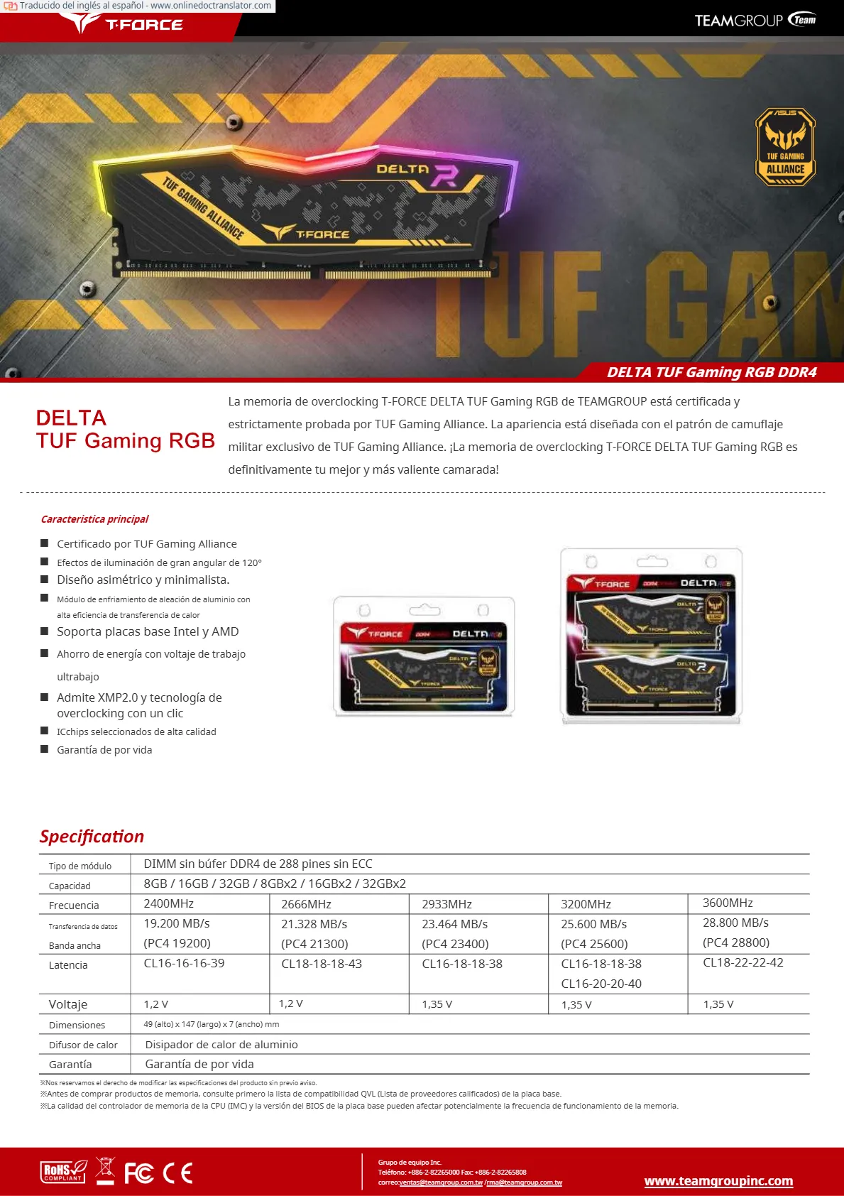 Memoria RAM TEAMGROUP T-FORCE DELTA TUF Gaming Alliance RGB / 32GB ...