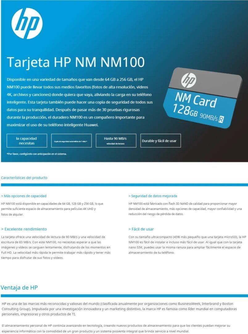 Nano Memory Card HP NM100 / 128GB / Lectura 90 MB/S, Escritura 83MB/S ...