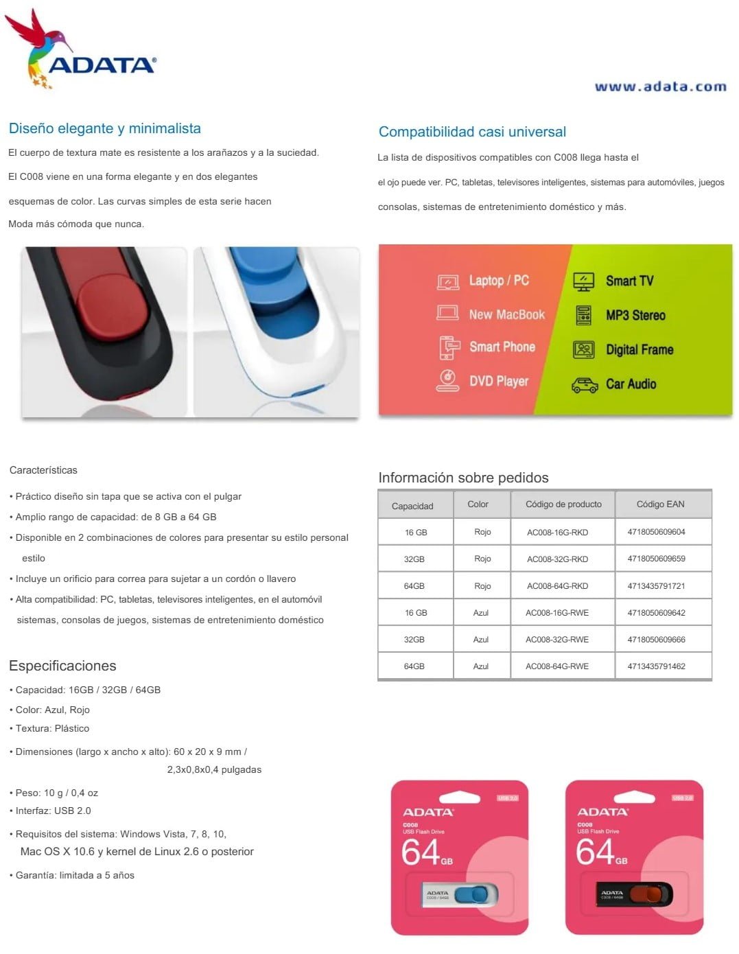 Memoria USB ADATA C008 / 32GB / USB 2.0 / Deslizable Sin Tapa / Blanco ... Memoria USB ADATA C008 / 32GB / USB 2.0 / Deslizable Sin Tapa / Blanco ...