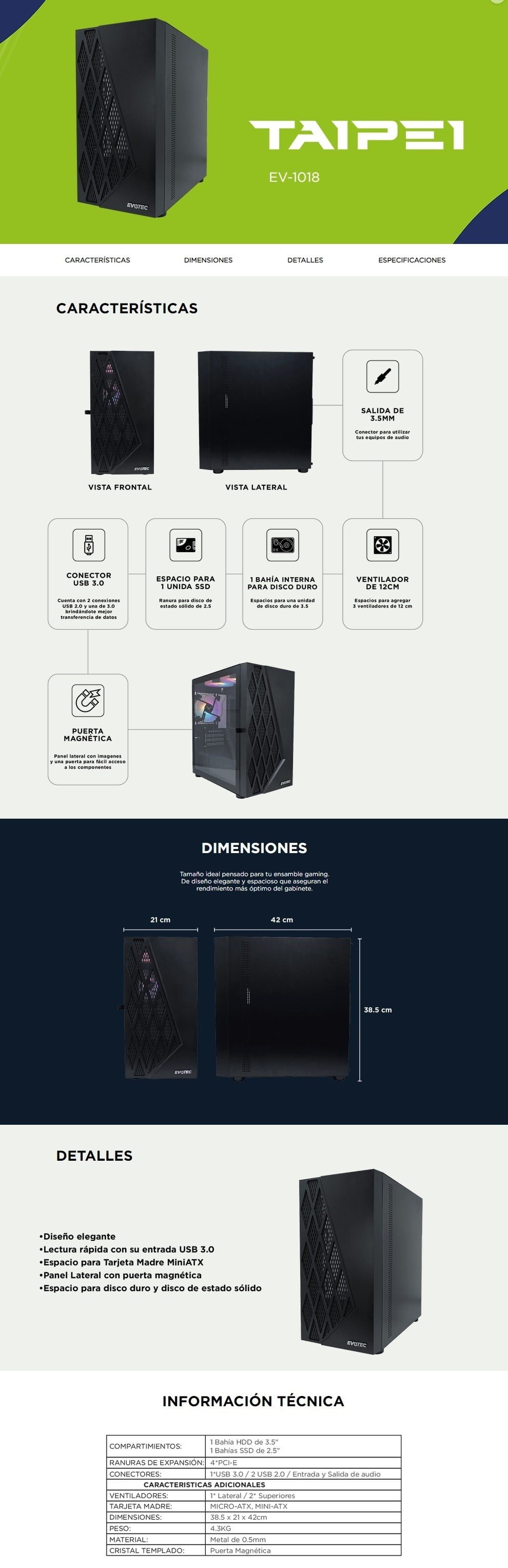 Gabinete EVOTEC TAIPEI EV-1018 / Micro-Tower / Micro ATX, Mini ITX / Panel Cristal Templado ...