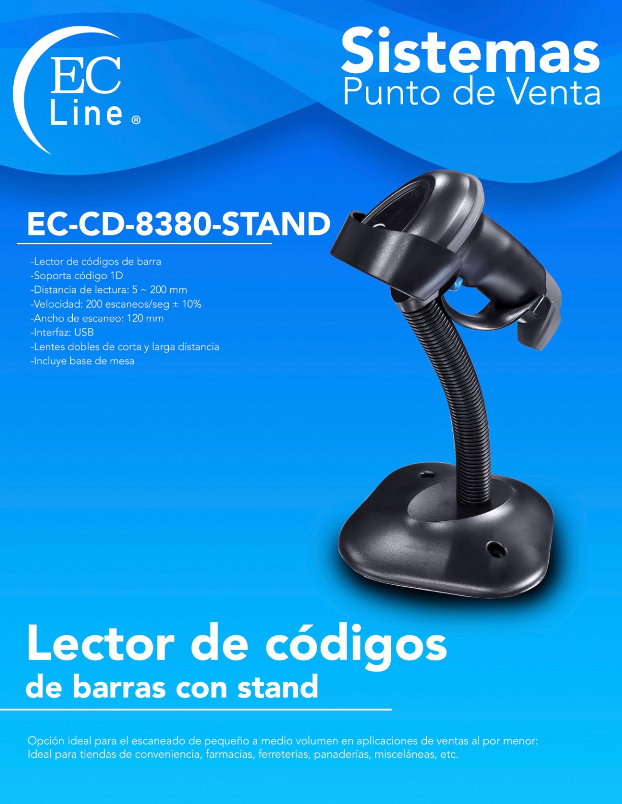 Lector De Código De Barras EC LINE EC-CD-8380 / 1D / USB / Indicador ...