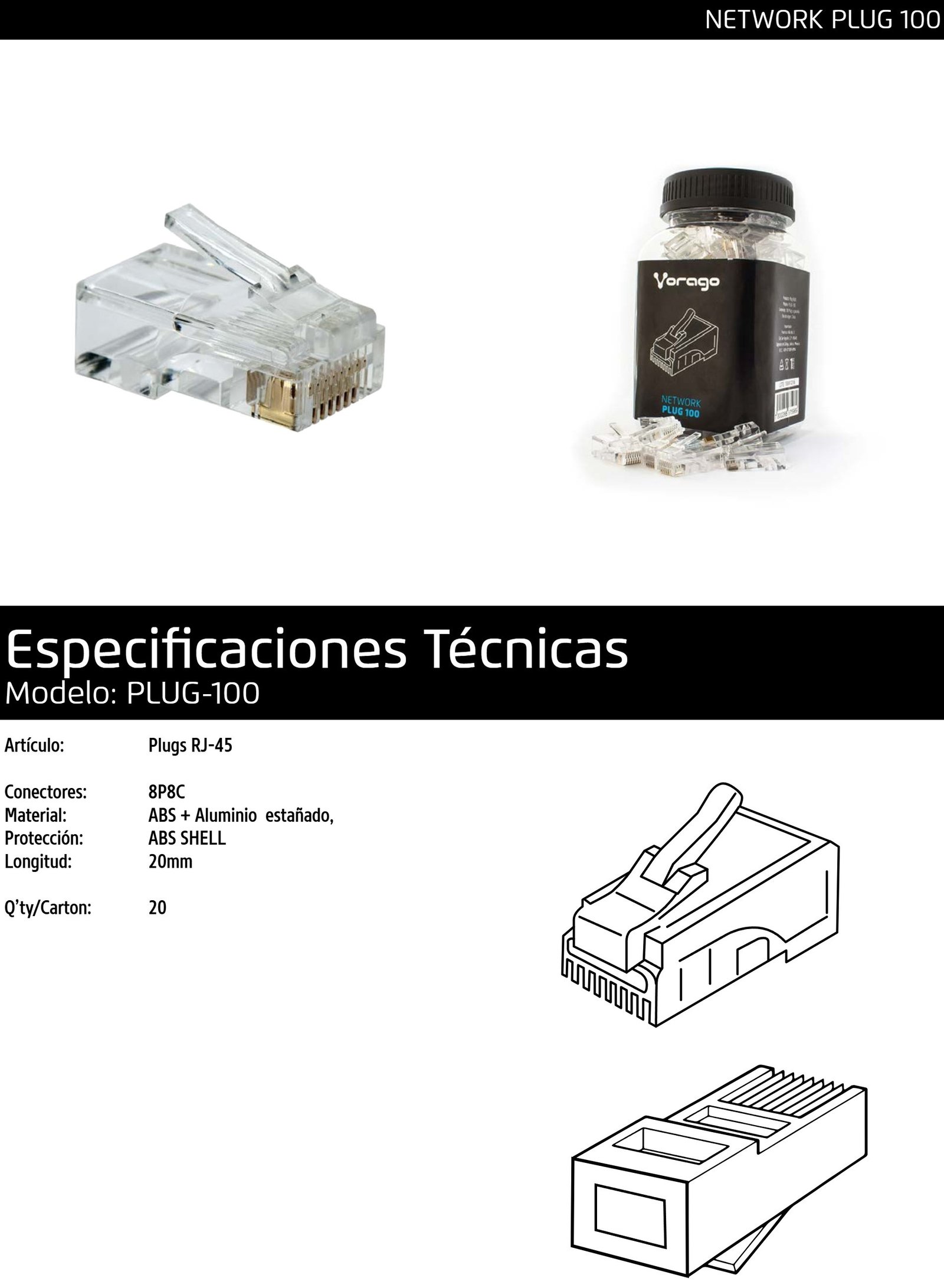 Bote De Plug RJ45 VORAGO PLUG-100 / UTP Sólido / Bote C/100 Pzs ...
